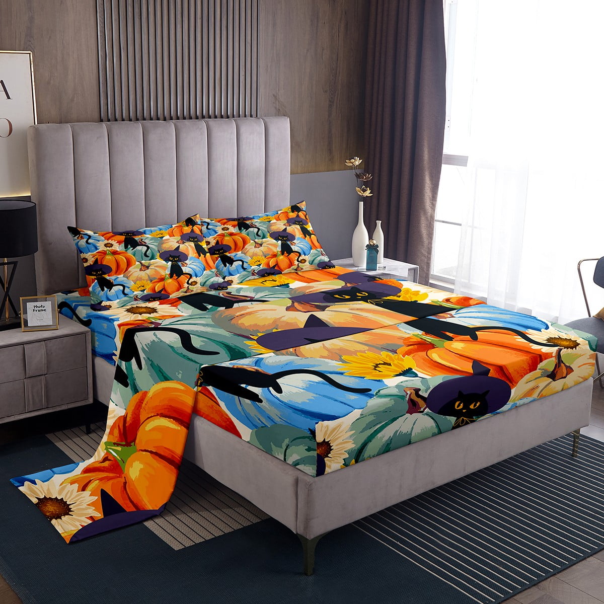 Black Cat Decor Bed Sheets Set Halloween Pumpkin Sheets Blue Pumpkin ...
