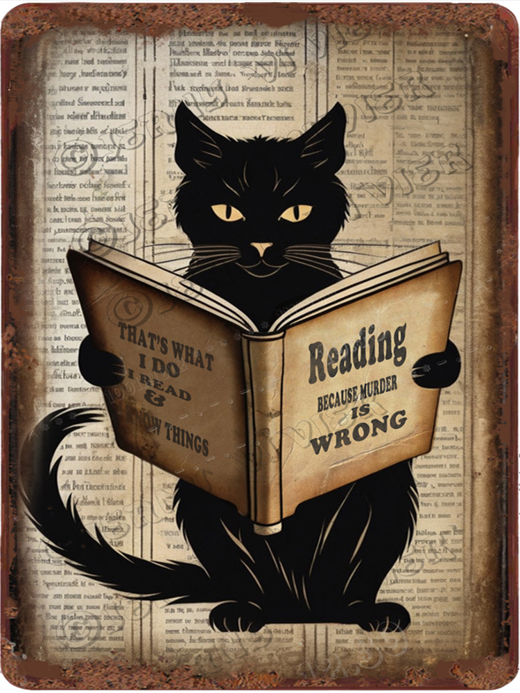 Black Cat Decor Metal Decorative Signage,Black Cat Reading Book Gothic ...