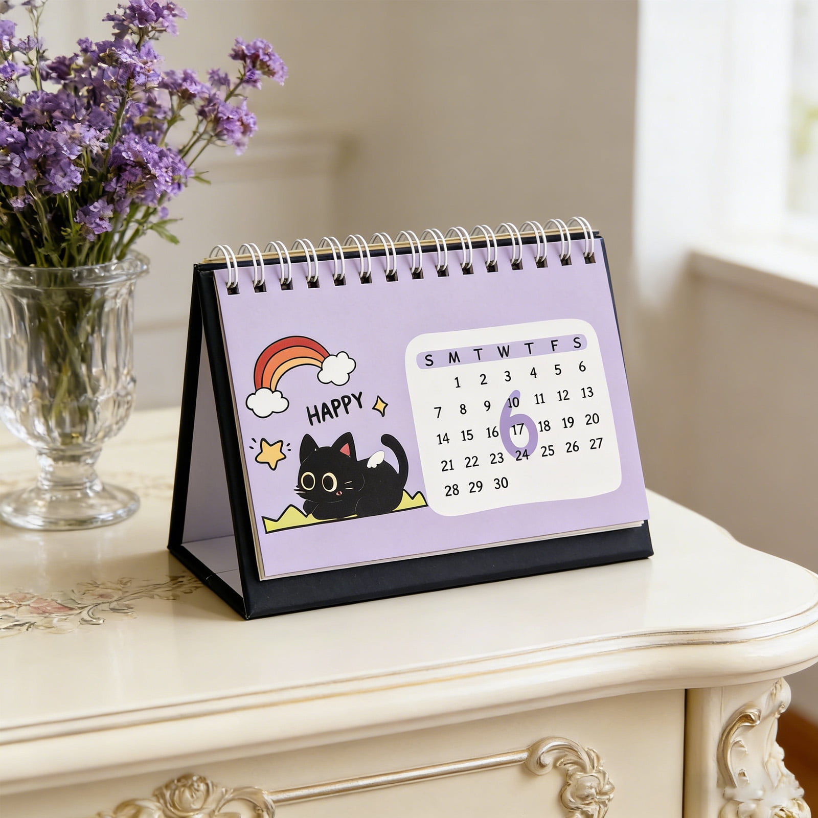 Black Cat Desk Calendar - Cute Cartoon Design With Rainbow, Clouds, And ...