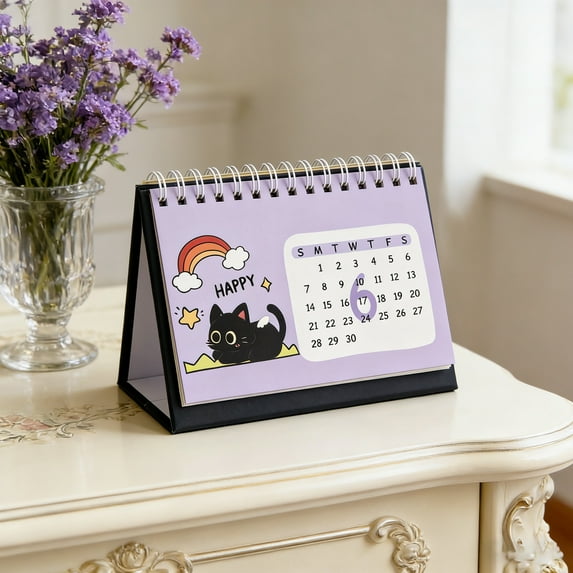 Black Cat Desk Calendar - Cute Cartoon Design With Rainbow, Clouds, And ...