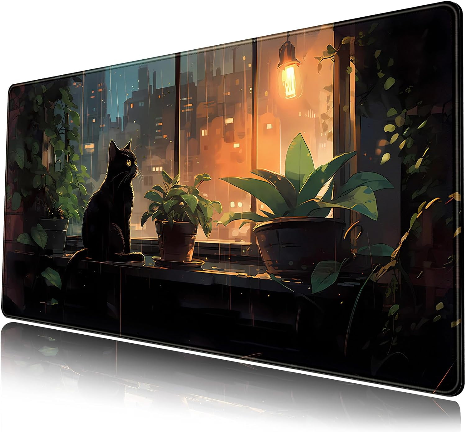 Black Cat Desk Mat Green Plants Desk Pad Anime Large Gaming Mouse Pad ...