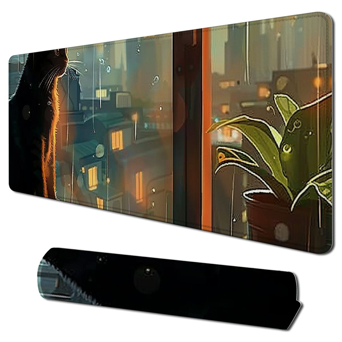 Black Cat Desk Mat Green Plants Desk Pad Anime Large Gaming Mouse Pad ...