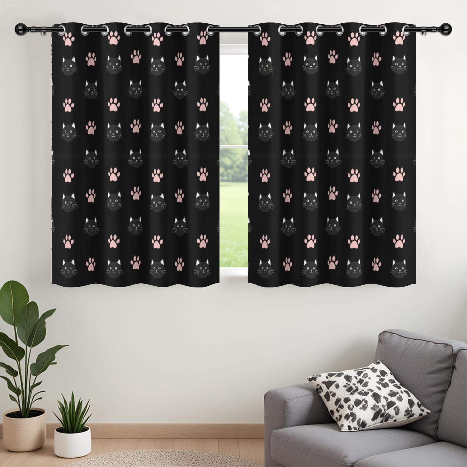 Black Cat and Dog Paw Print Black Pattern Blackout Curtains,Triple ...
