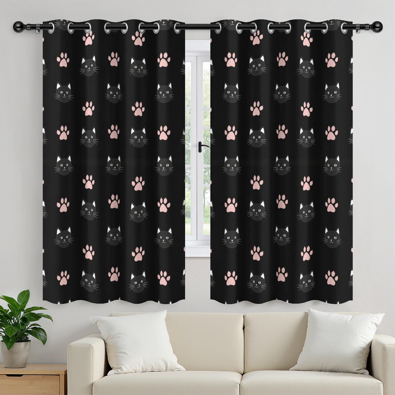 Black Cat and Dog Paw Print Black Pattern Blackout Curtains,Triple ...