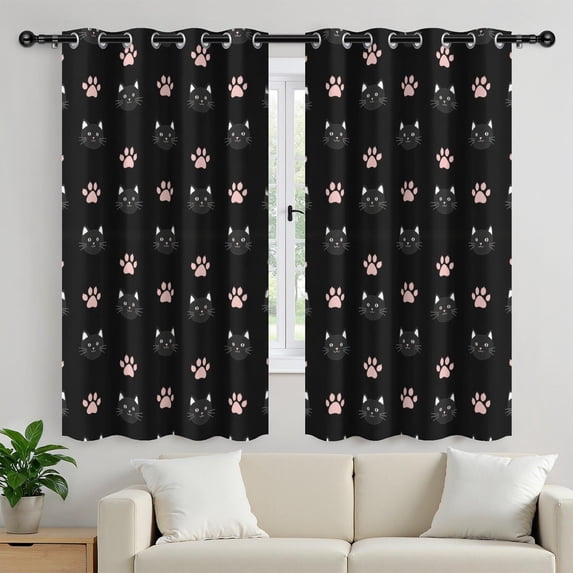 Black Cat and Dog Paw Print Black Pattern Blackout Curtains,Triple ...