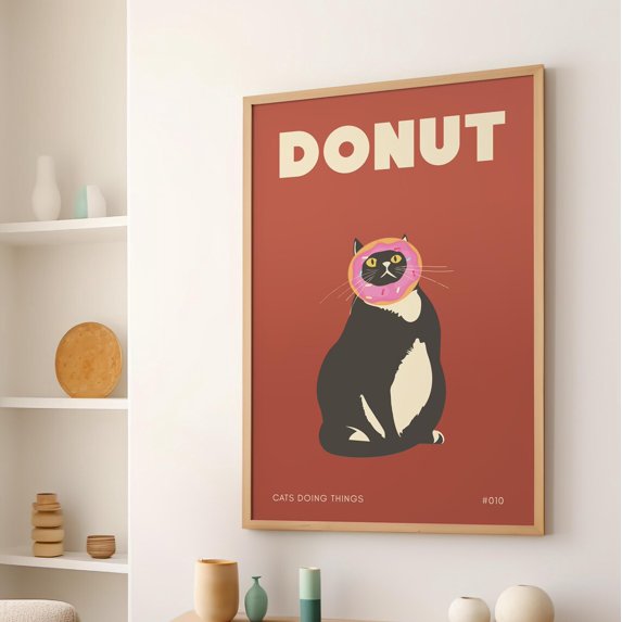 Black Cat Donut Wall Art, Funny Retro Cat Kitchen Decor, Unframed Paper ...