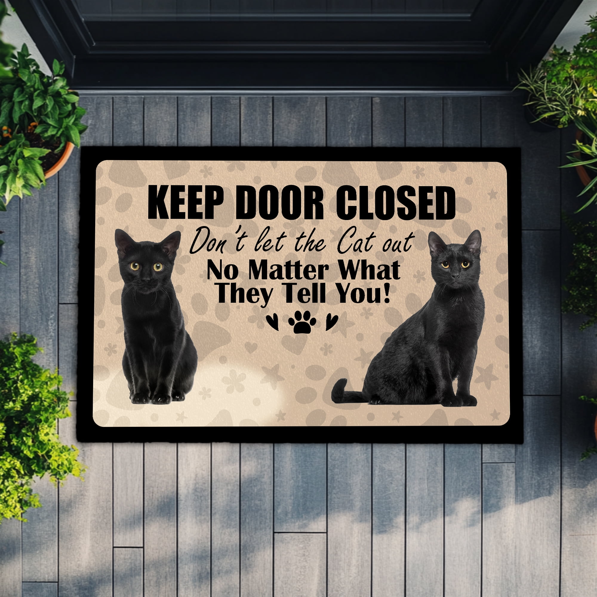 Black Cat Door Reminder Doormat – Keep Door Closed Message with Indoor ...