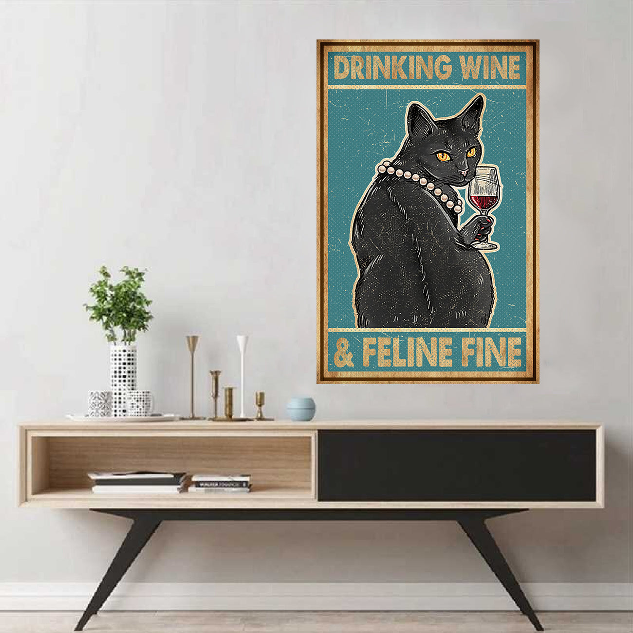 Black Cat Drink Wine And Feline Fine Poster Black Cat Poster Gift for ...