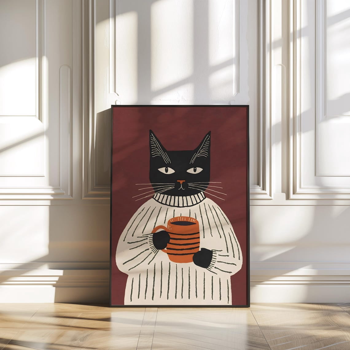 Black Cat Drinking Coffee Bar Decor Mom s Minimalist Bathroom Wall Art ...