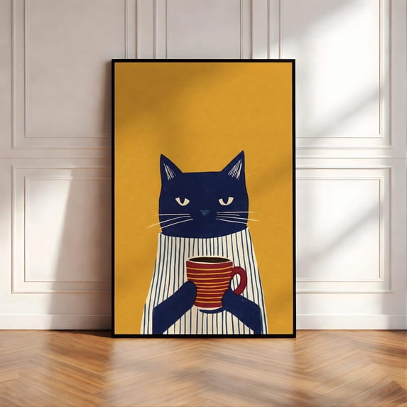 Black Cat Drinking Coffee Cozy Morning Illustration Whimsical Wall Art ...