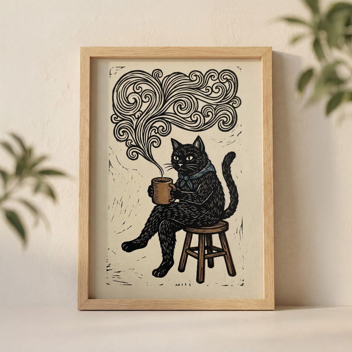 Black Cat Drinking Coffee Rustic Linocut Style Illustration with Steam ...