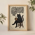 Black Cat Drinking Coffee Rustic Linocut Style Illustration with Steam ...