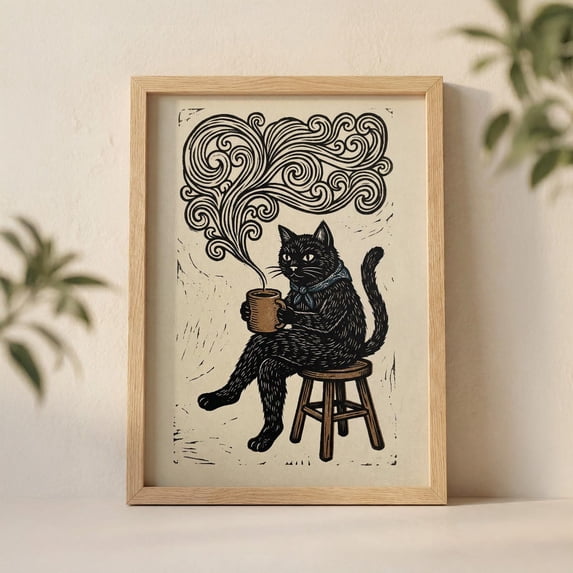 Black Cat Drinking Coffee Rustic Linocut Style Illustration with Steam ...