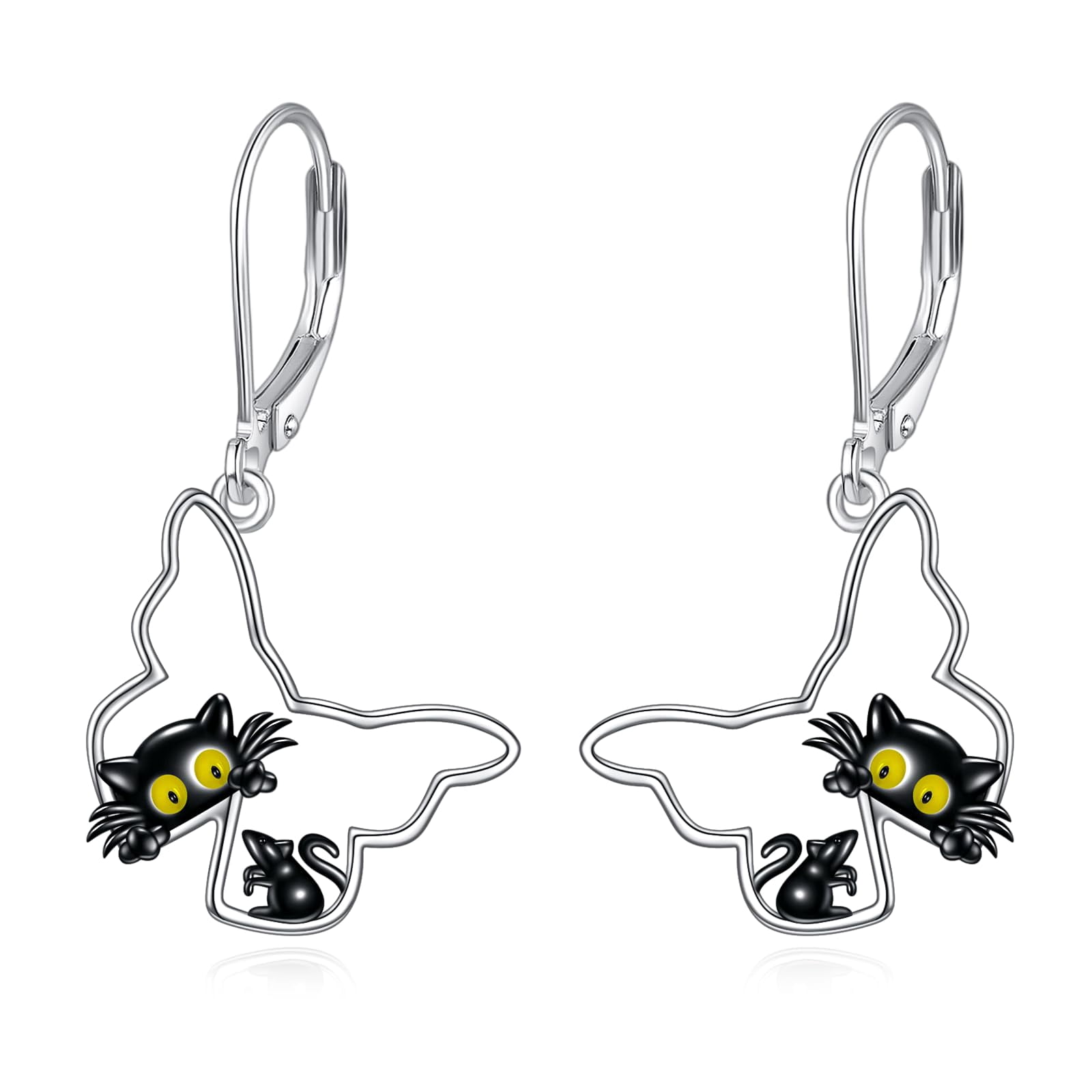 Black Cat Drop Dangle Earrings 925 Sterling Silver Lever Back Cat ...