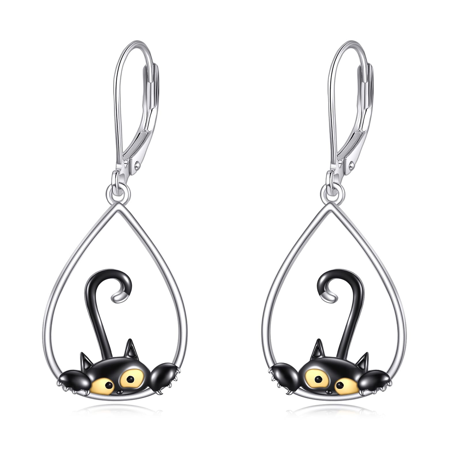 Black Cat Drop Dangle Earrings 925 Sterling Silver Lever Back Cat ...