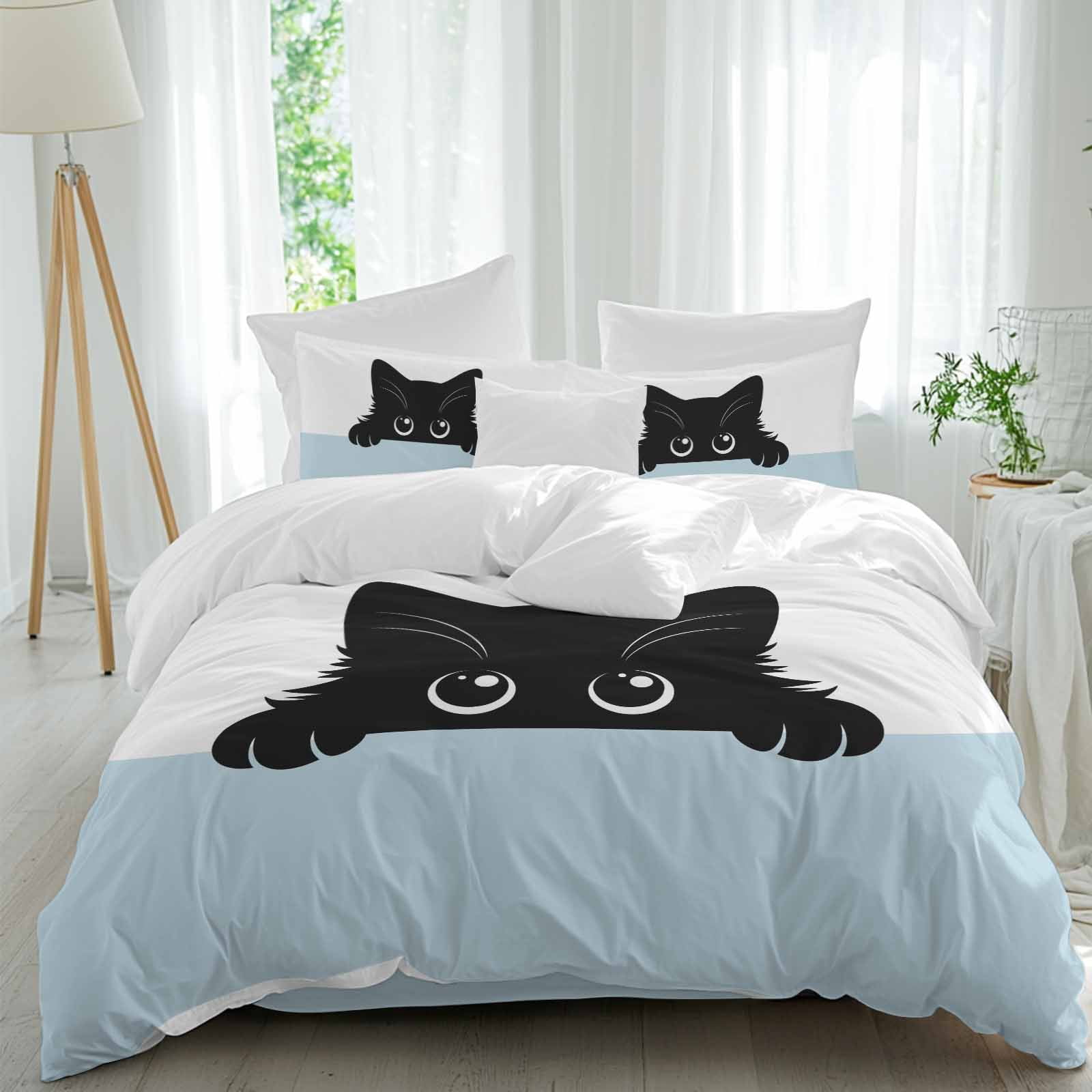 Black Cat Duvet Cover Set King Size, Cute Cat Cartoon Animal with Big ...