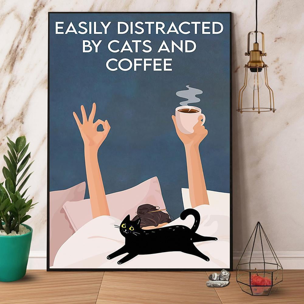 Black Cat Easily Distracted Bt Cats And Coffee Satin Poster Wall Art ...