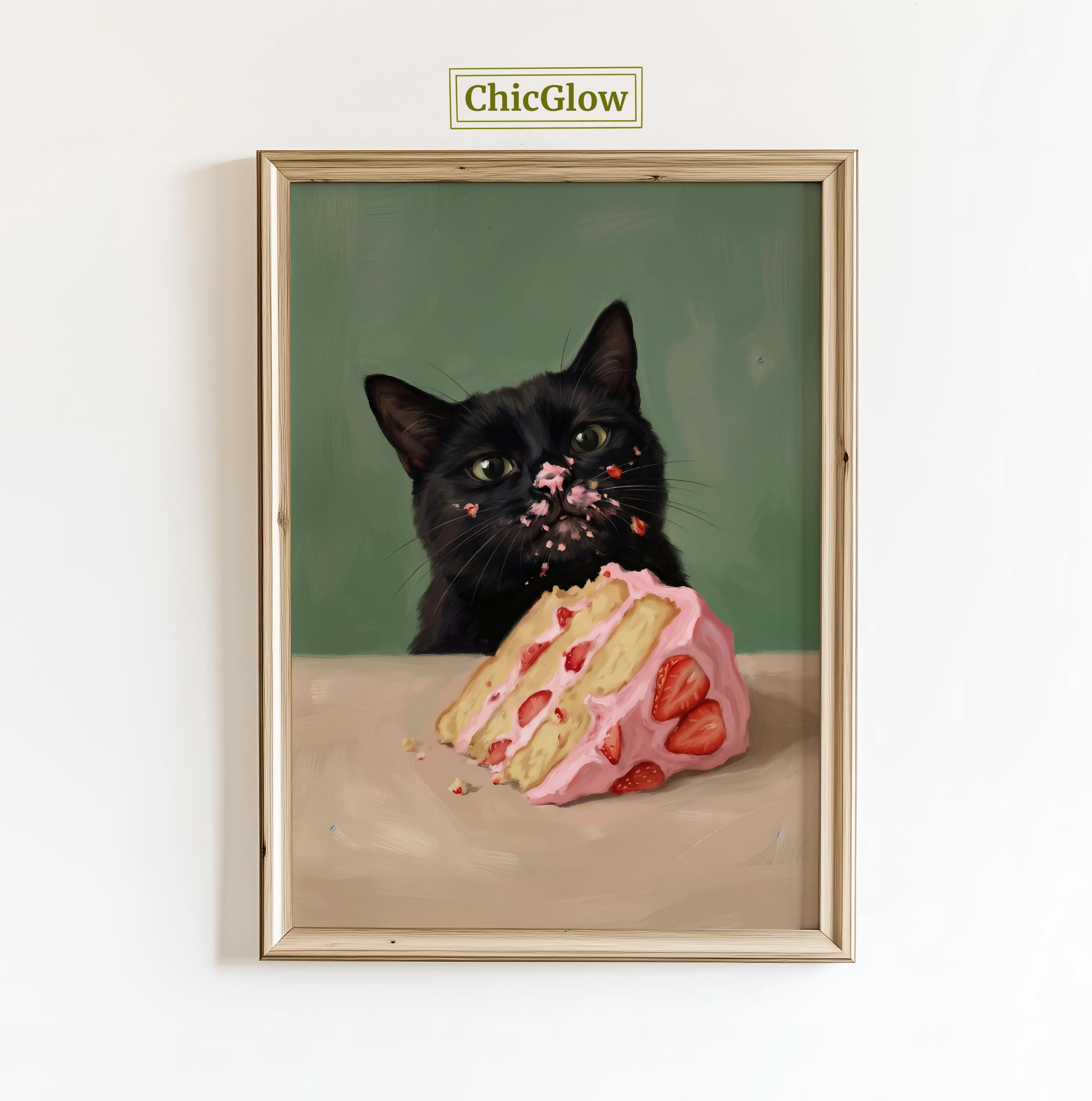 Black Cat Eating Cake Poster, Whimsical Funny Wall Art, Pink Strawberry ...