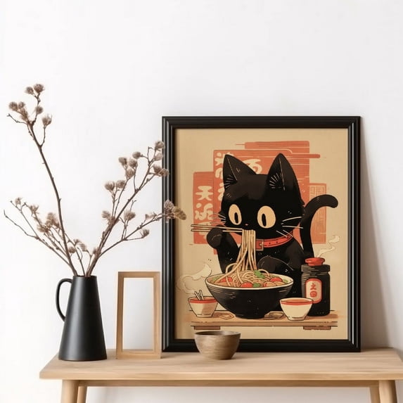 Black Cat Eating Ramen Japanese Anime Wall Art Canvas Poster - 16x24 ...