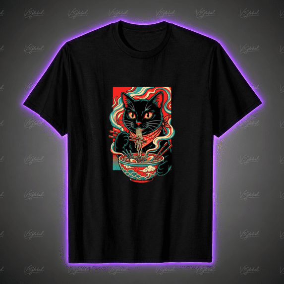 Black Cat Eating Ramen Noodles T-Shirt - Anime Style, for men & women ...