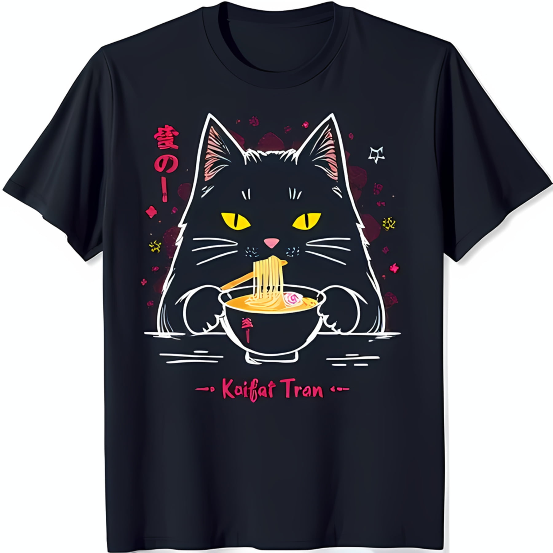 Black Cat Eating Ramen T-Shirt with Yellow Eyes & Red Collar Cute ...