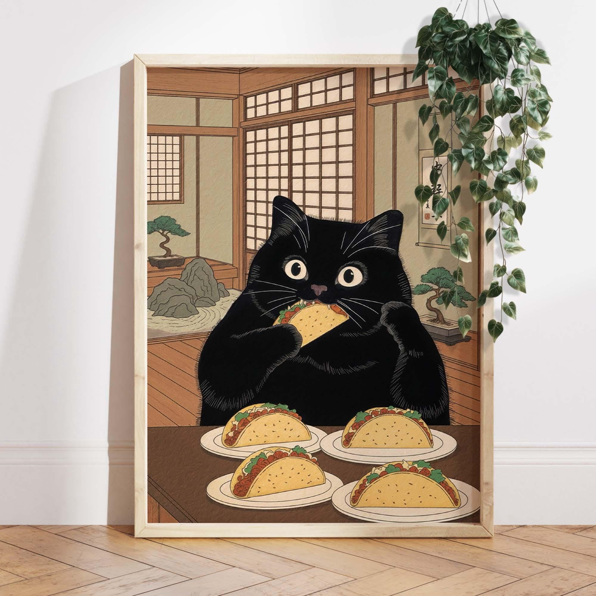 Black Cat Eating Tacos Print Japanese Kitchen Art Home Decor Office ...