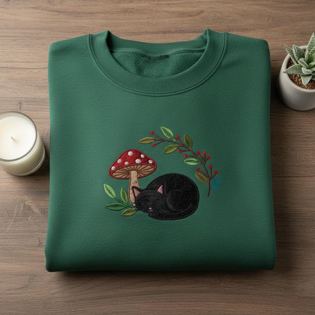 Black Cat Embroidered Hoodie, Sleeping Cat Mushroom Sweatshirt ...
