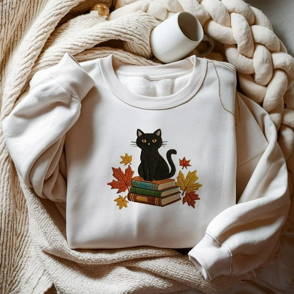 Black Cat Embroidered Sweatshirt | Books & Autumn Leaves Design | Cozy ...