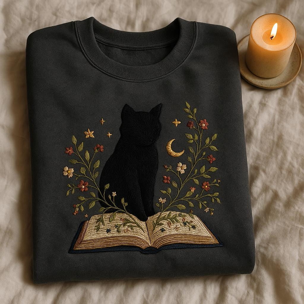 Black Cat Embroidered Sweatshirt, Celestial Witchy Book Lover Gift ...