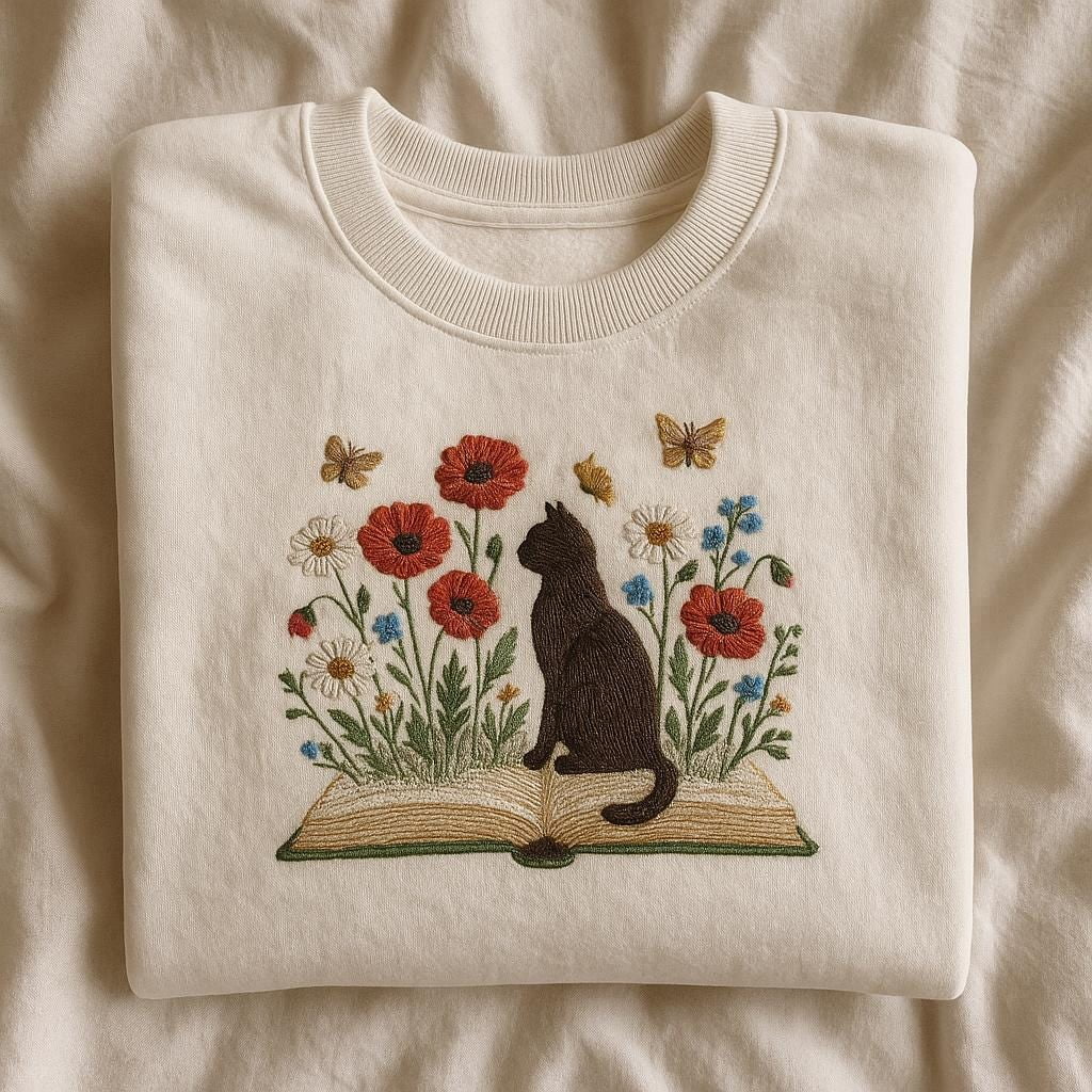 Black Cat Embroidered Sweatshirt, Cottagecore Wildflower Book Lover ...