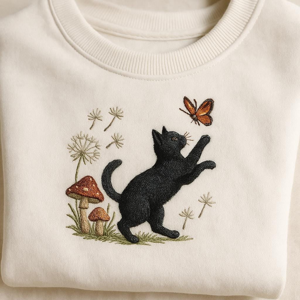 Black Cat Embroidered Sweatshirt, Whimsical Feline & Butterfly Jumper ...
