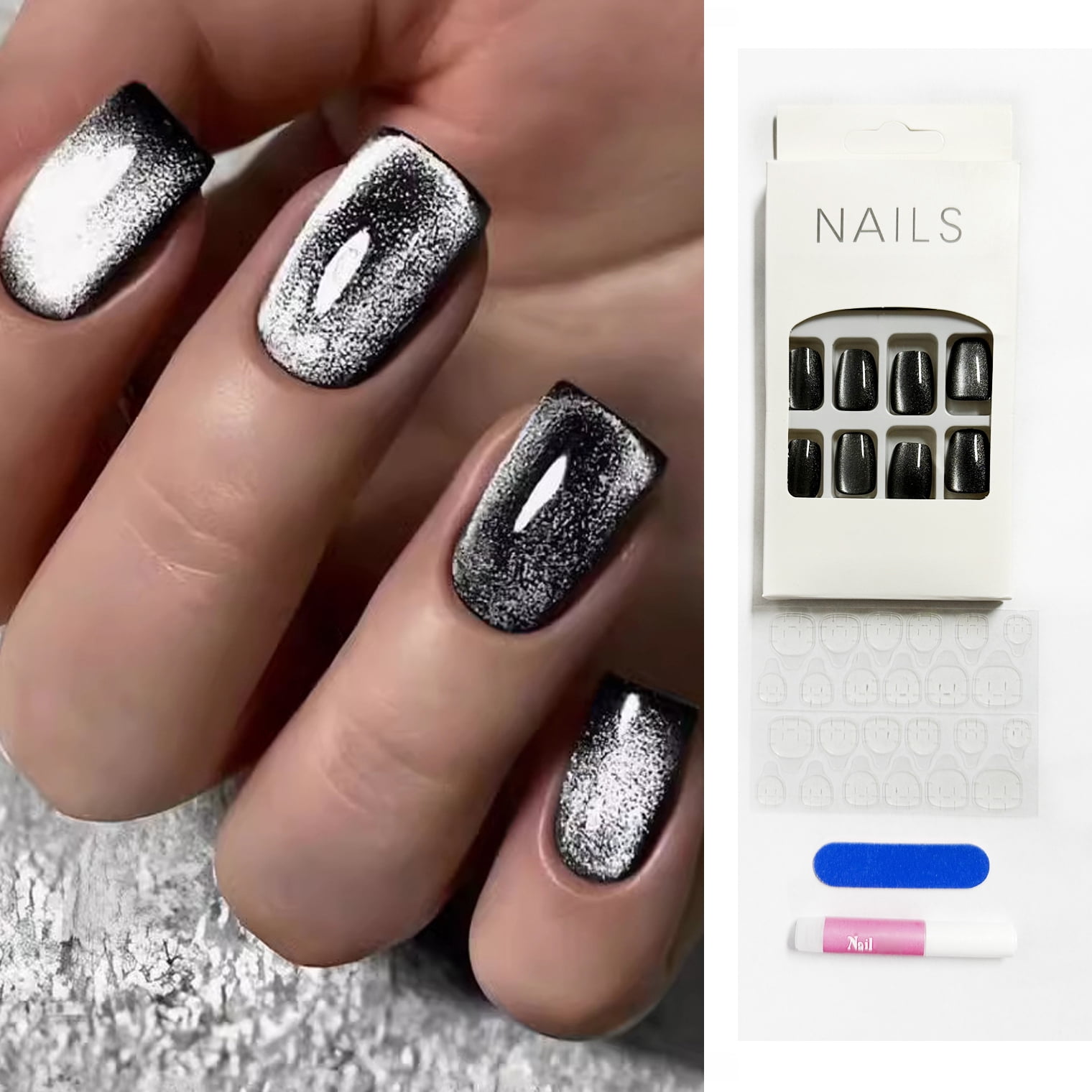 Black Cat Eye Press on Nails Fake Nails with Glue,Acrylic Square Press ...