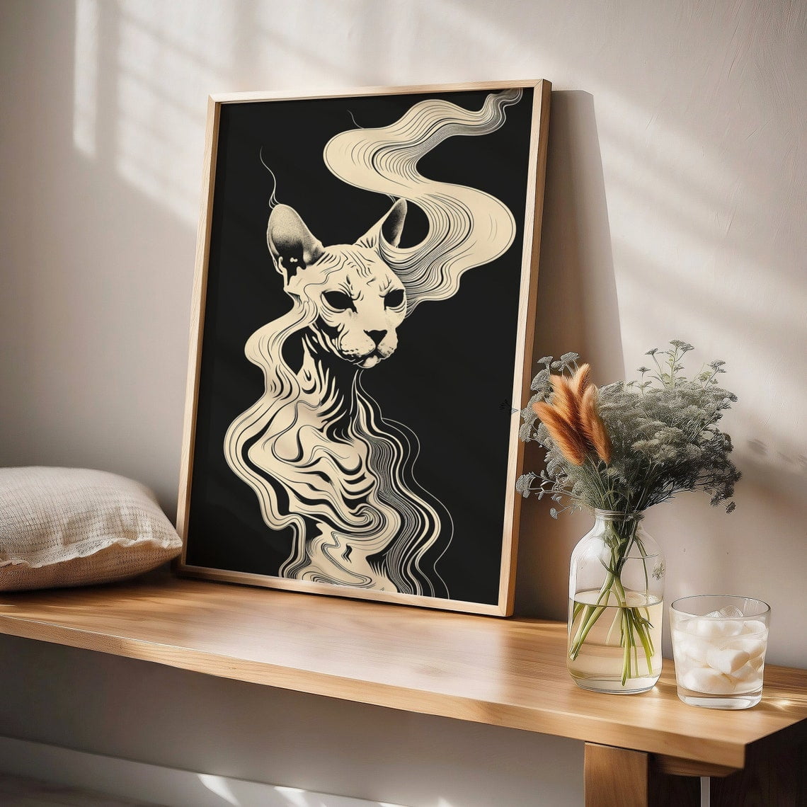 Black Cat Fantasy Cottagecore Decor Creepy Sphynx Line Art For ...