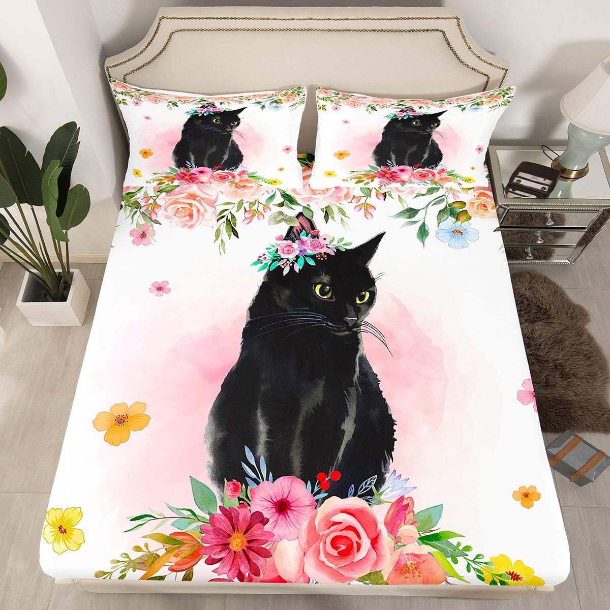 Black Cat Fitted Sheet Kitten Twin Bed Sheets,Cute Pet Animal Bedding ...