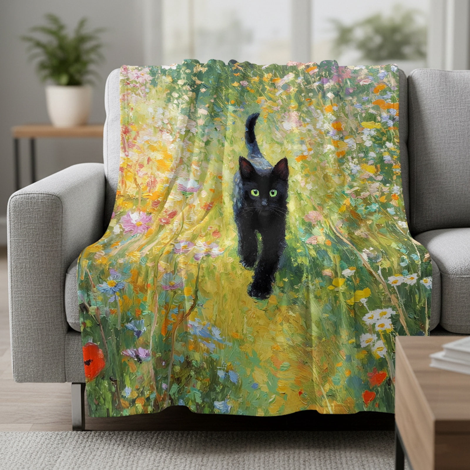 Black Cat Fleece Throw Blanket Colorful Floral Wildflowers Garden Boho ...