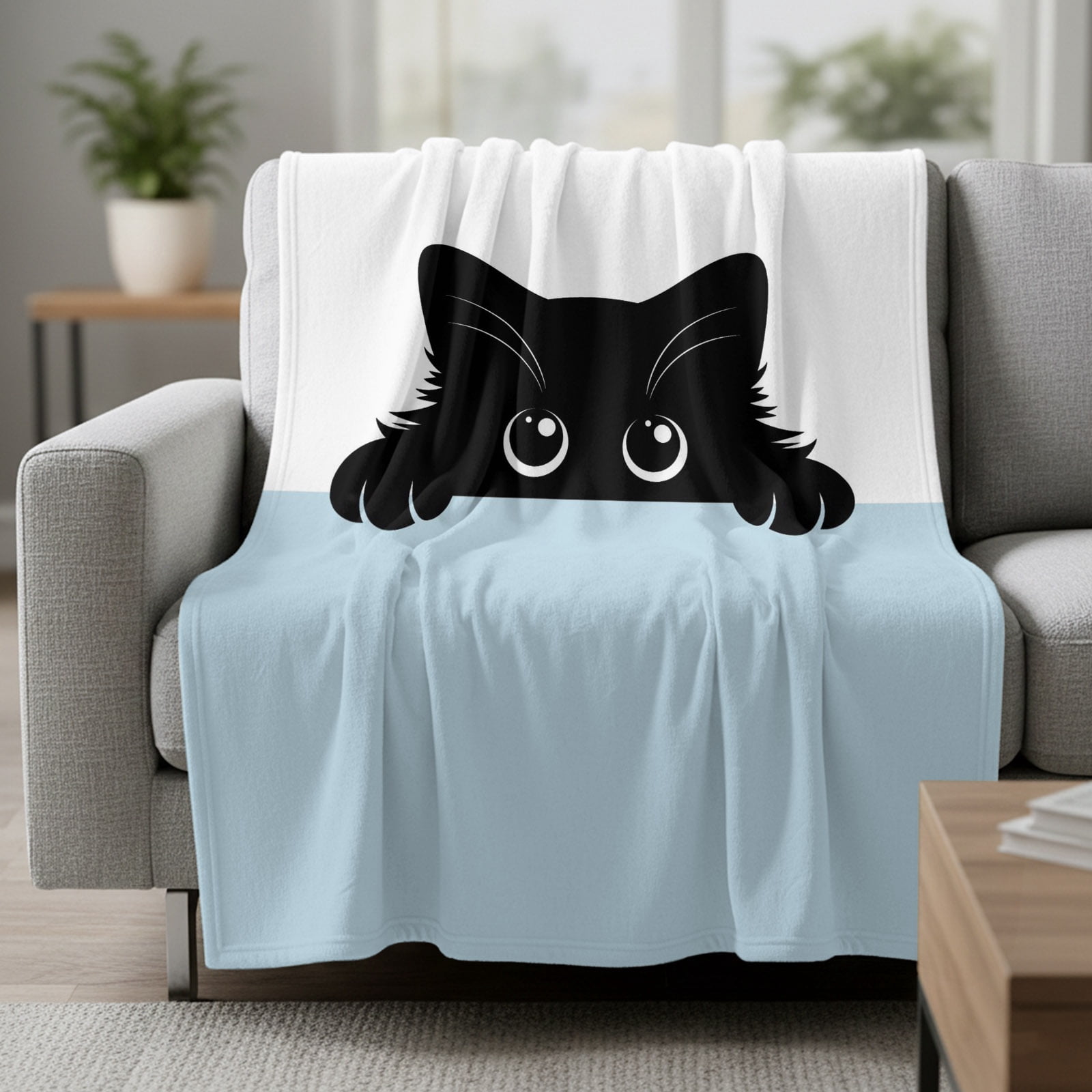 Black Cat Fleece Throw Blanket Cute Cat Cartoon Animal with Big Eye ...