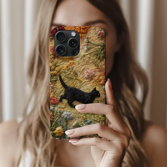 Black Cat Floral Embroidery Cottagecore Phone Case with iPhone 17 to 11 ...