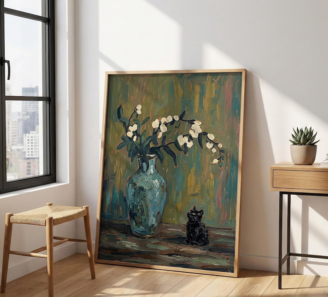 Black Cat Floral Moody Still Life Vintage Impasto Flower Dark ...