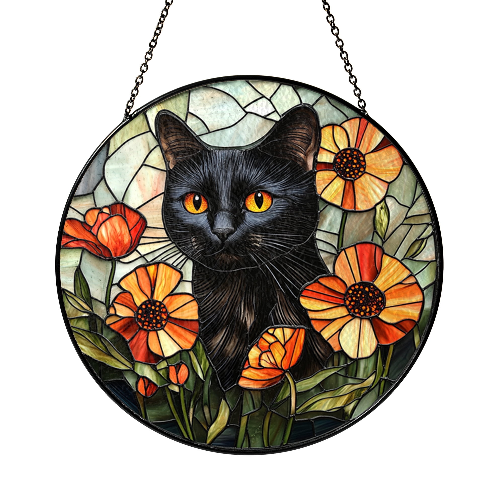 Black Cat Floral Stained Glass Suncatcher, Window Hanging Decor ...