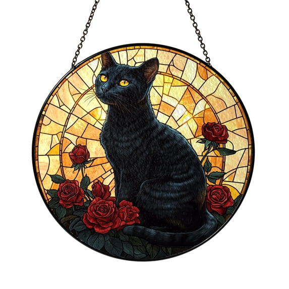 Black Cat Floral Stained Glass Window Suncatcher Sun Catcher Artistic ...