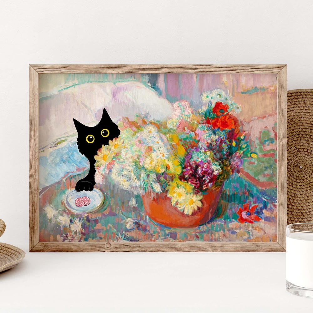 Black Cat Floral Still Life Art Print Colorful Impressionist Wall Art ...