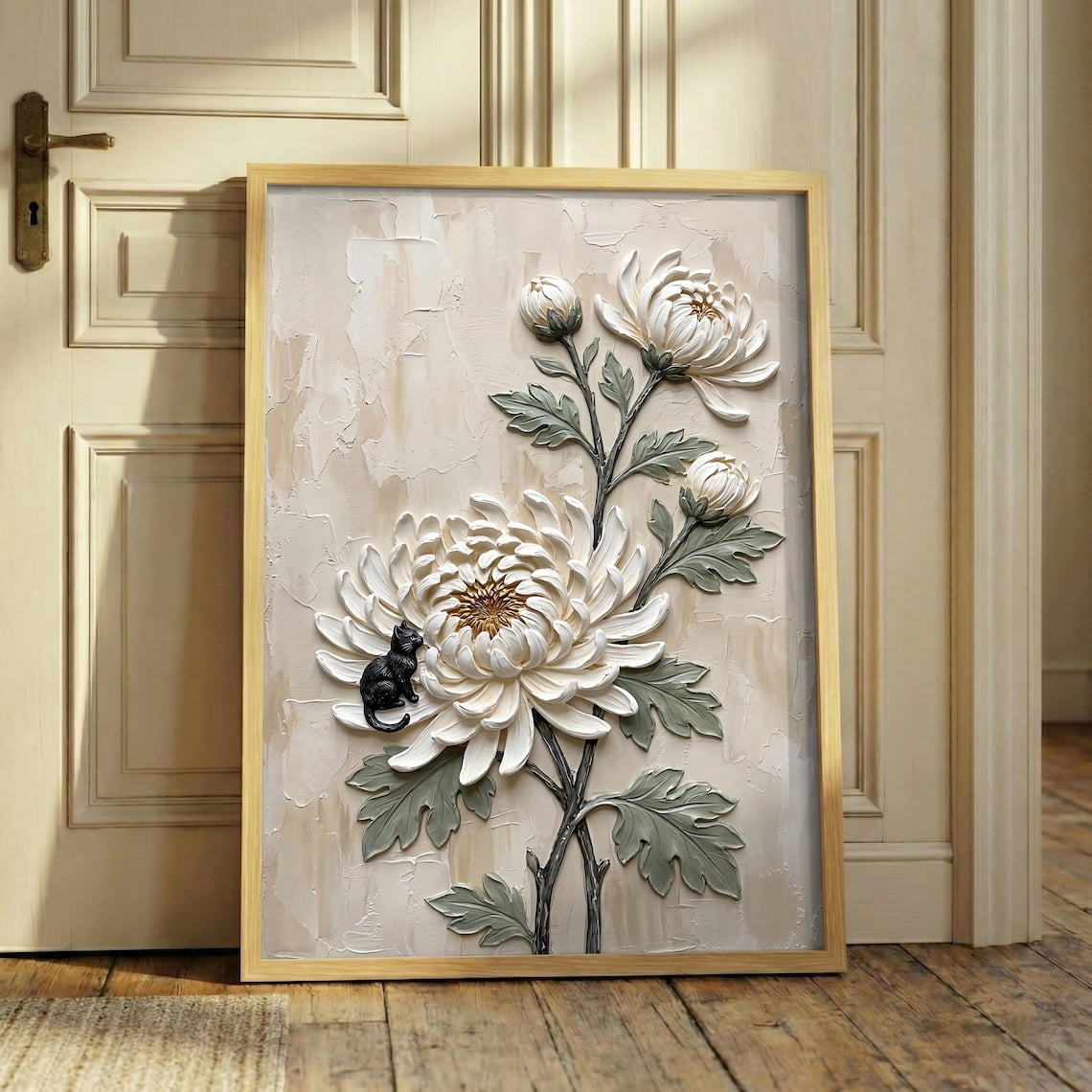 Black Cat Floral Textured White Flower Art Neutral Farmhouse Whimsical ...