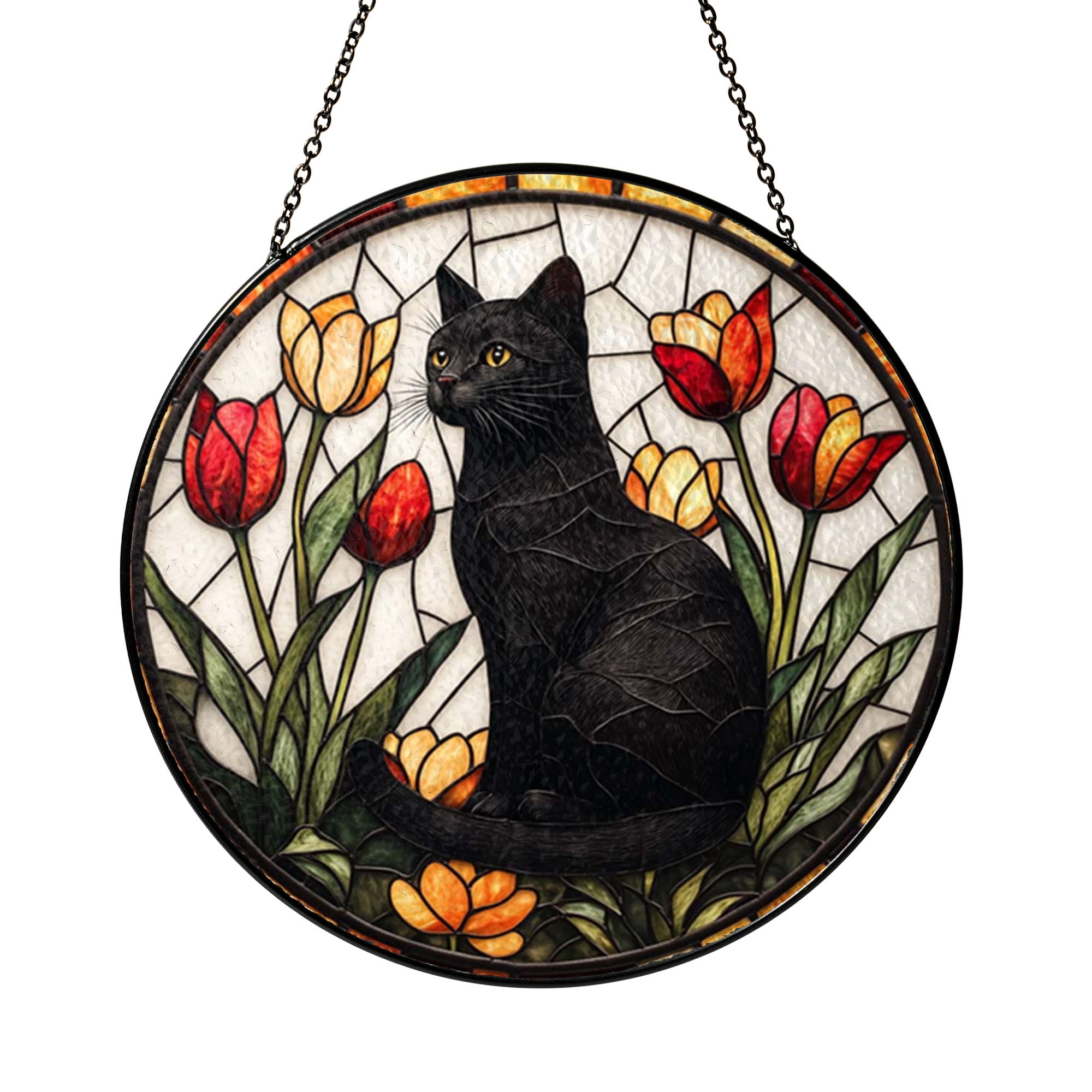 Black Cat Flower Scene Stained Glass Style Window Suncatcher ...