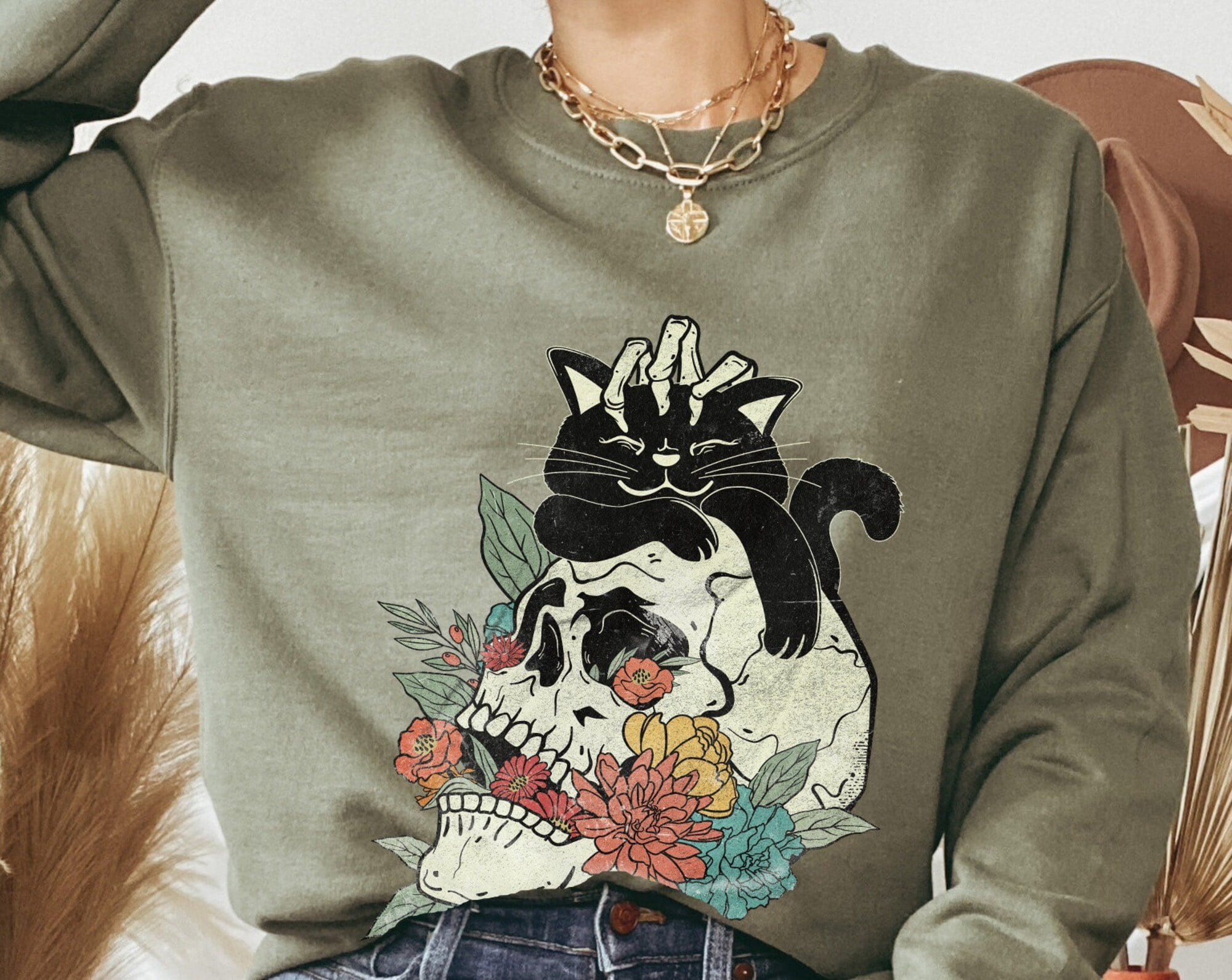 Black Cat Flower Skull TShirt Halloween Hoodie Floral Skull Boho ...