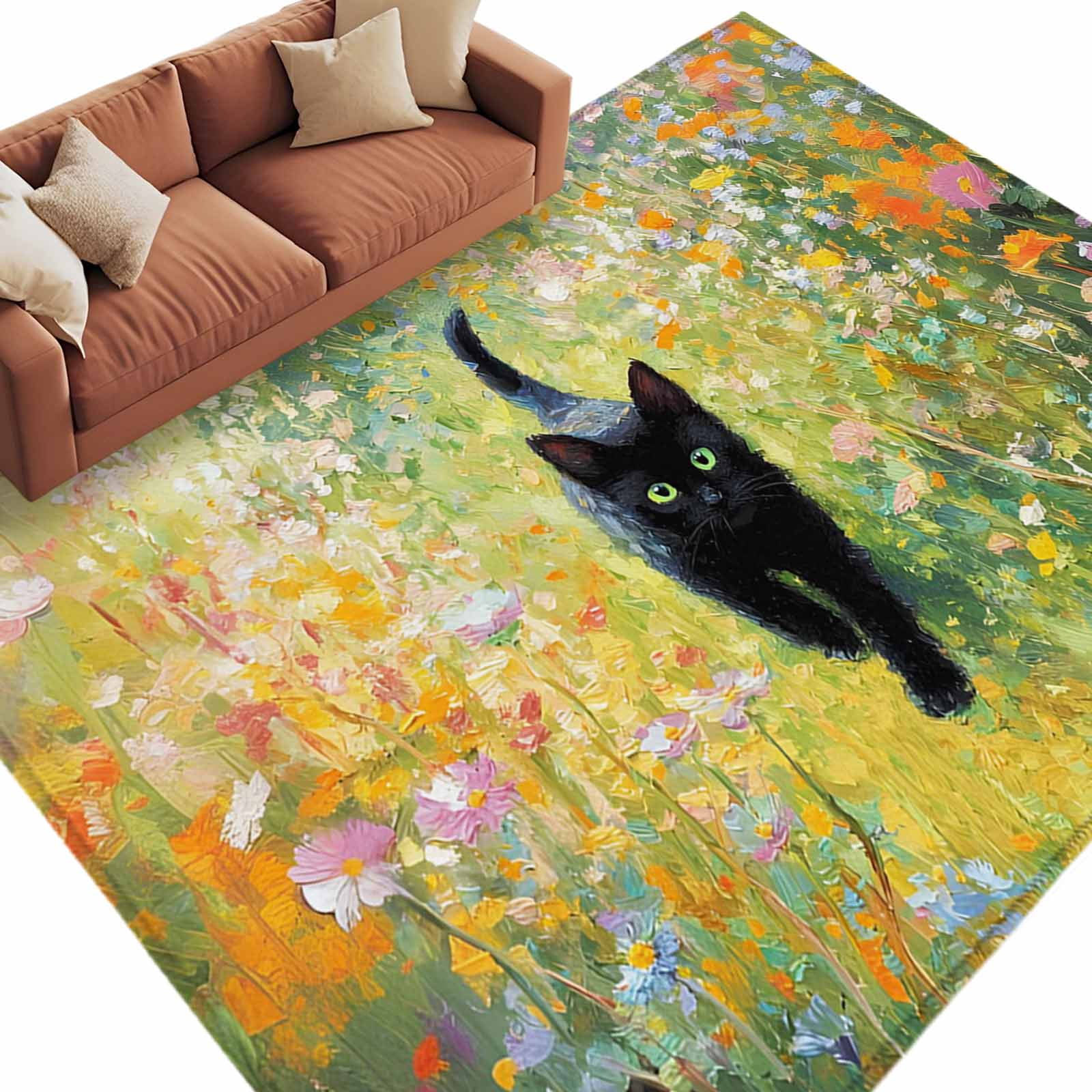Black Cat Flowers Area Rug 8x10 Washable Rug Non Slip Modern Oil ...