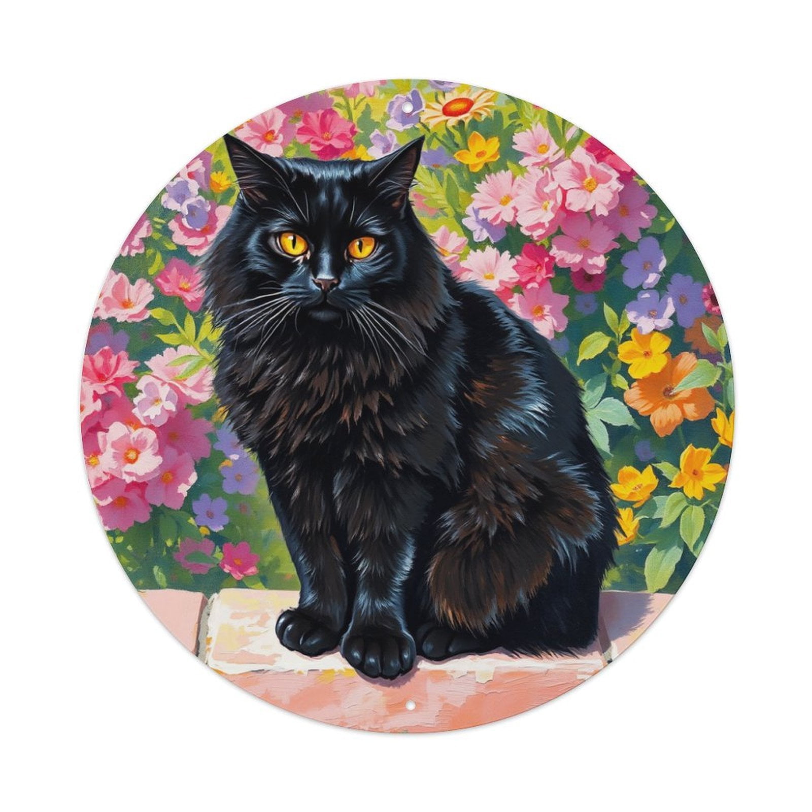 Black Cat Flowers Painting7.9x7.9in Round Aluminum Plaque Wall Art, UV ...