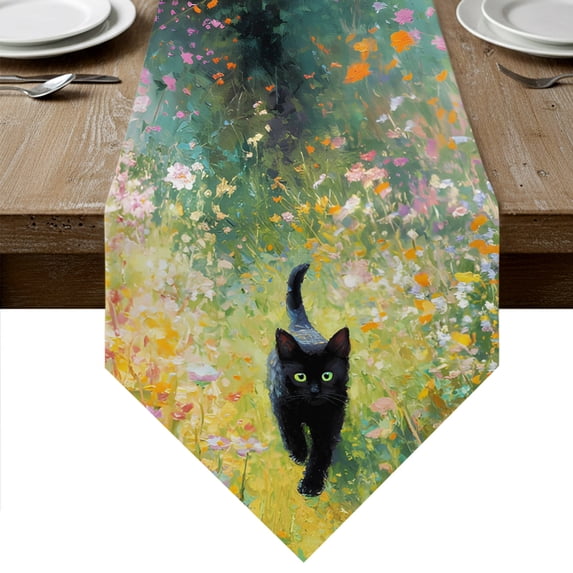 Black Cat Flowers Table Runner Linen Burlap Table Runner 48 Inches Long ...