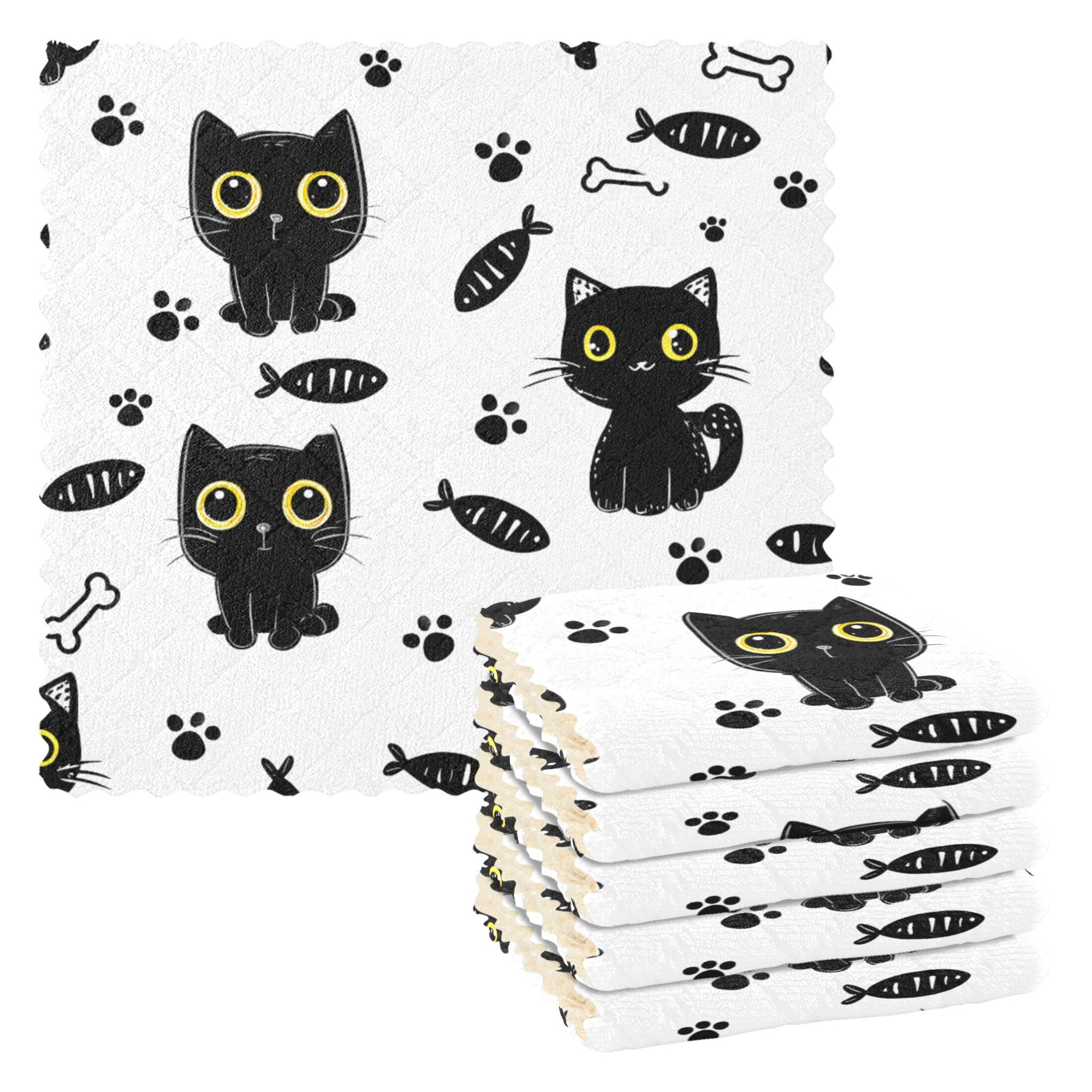 Black Cat Footprint Pattern Dish Towels 6 Pack Kitchen Cleaning Dish ...