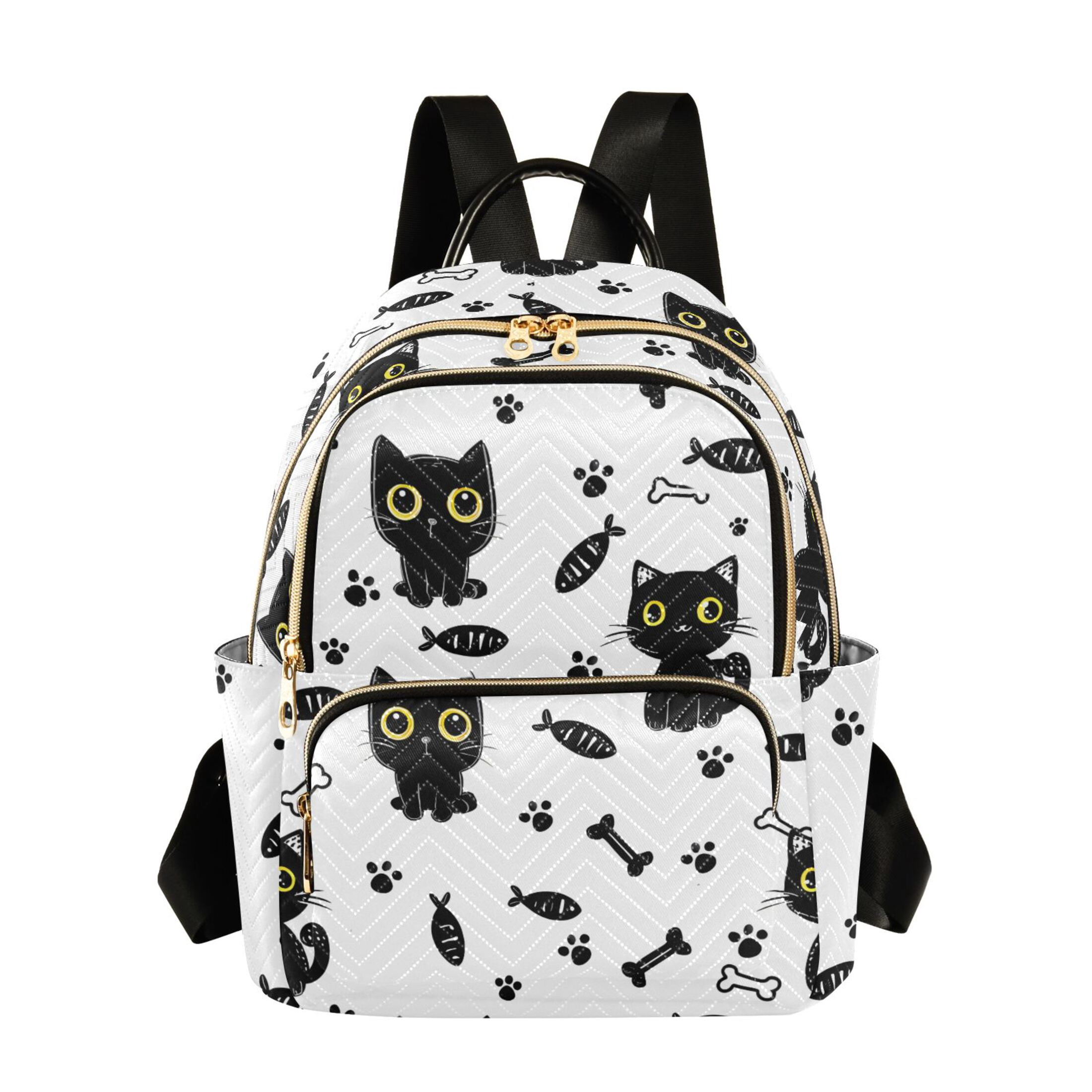 Black Cat Footprint Pattern Fashion Backpack Quilted Lightweight Women ...
