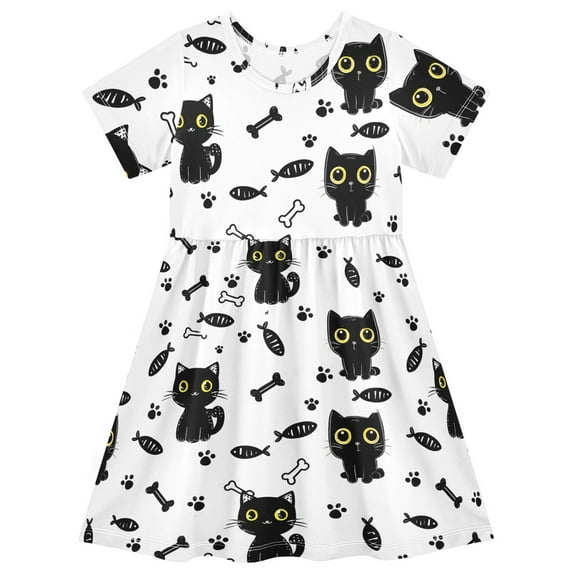 Black Cat Footprint Short Sleeve Dress A-Line Cute Midi Casual Sundress ...